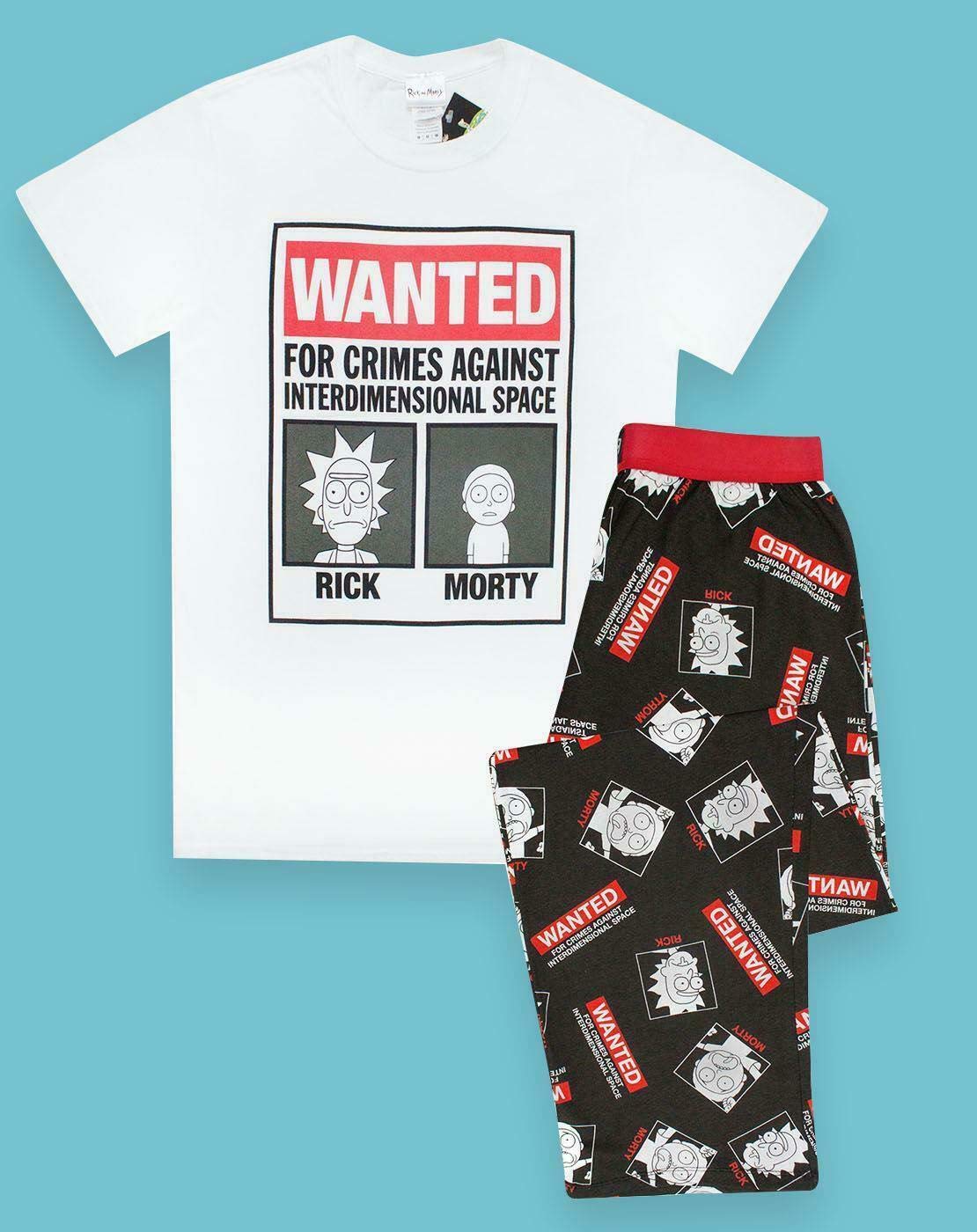 Rick and Morty Mens Pyjama Set | Wanted Poster Short Sleeve Graphic Tee & Long Leg Print PJs | Sci-fi Comedy Merchandise Multicoloured