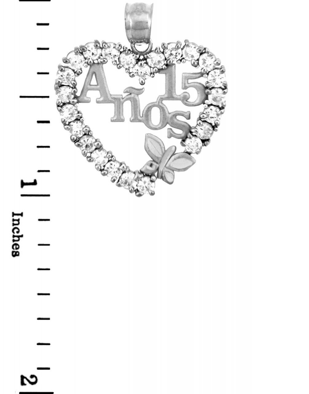 Sterling Silver Sweet 15 Anos Quinceanera Pendant with Cubic Zirconia Heart with Butterfly
