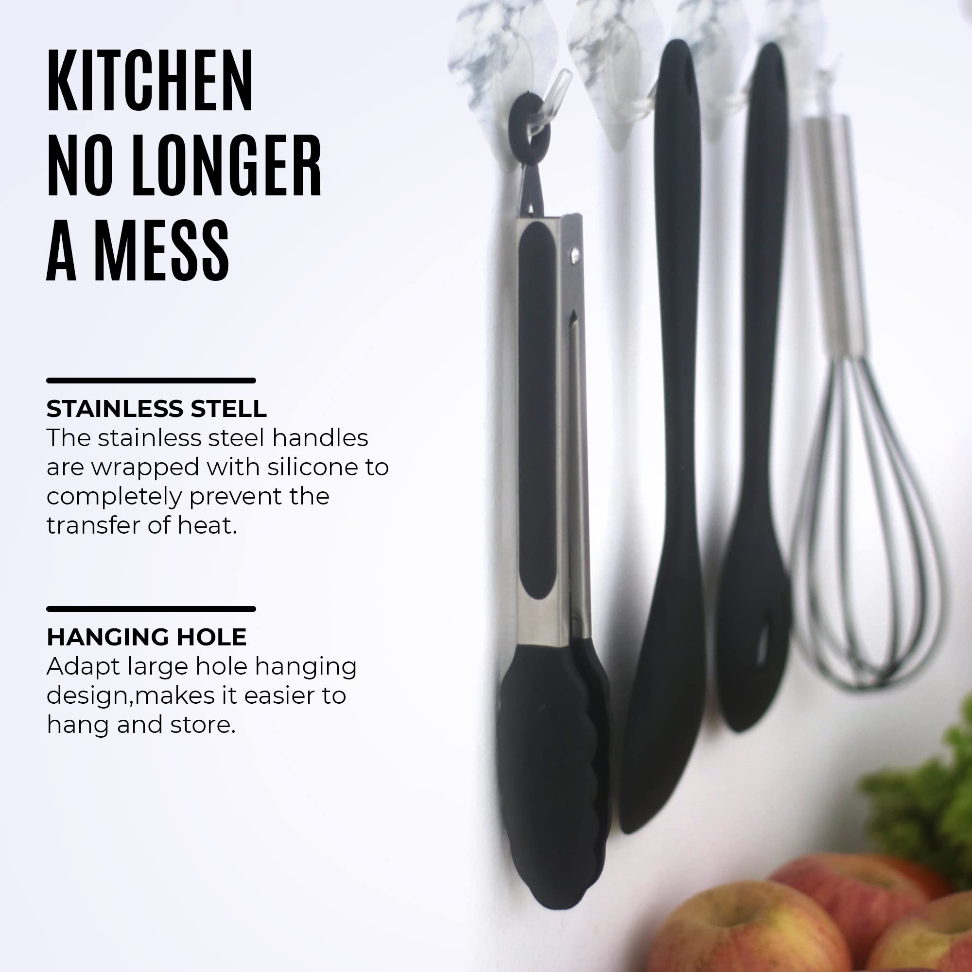 Silicone Kitchen Cooking Utensils Set 10 pcs - Heat Resistant Kitchen Gadgets, Turner,spatula, Pasta fork, Wisk, Kitchen tongs, Basting brush-BPA FREE Gadgets for Non-Stick Cookware