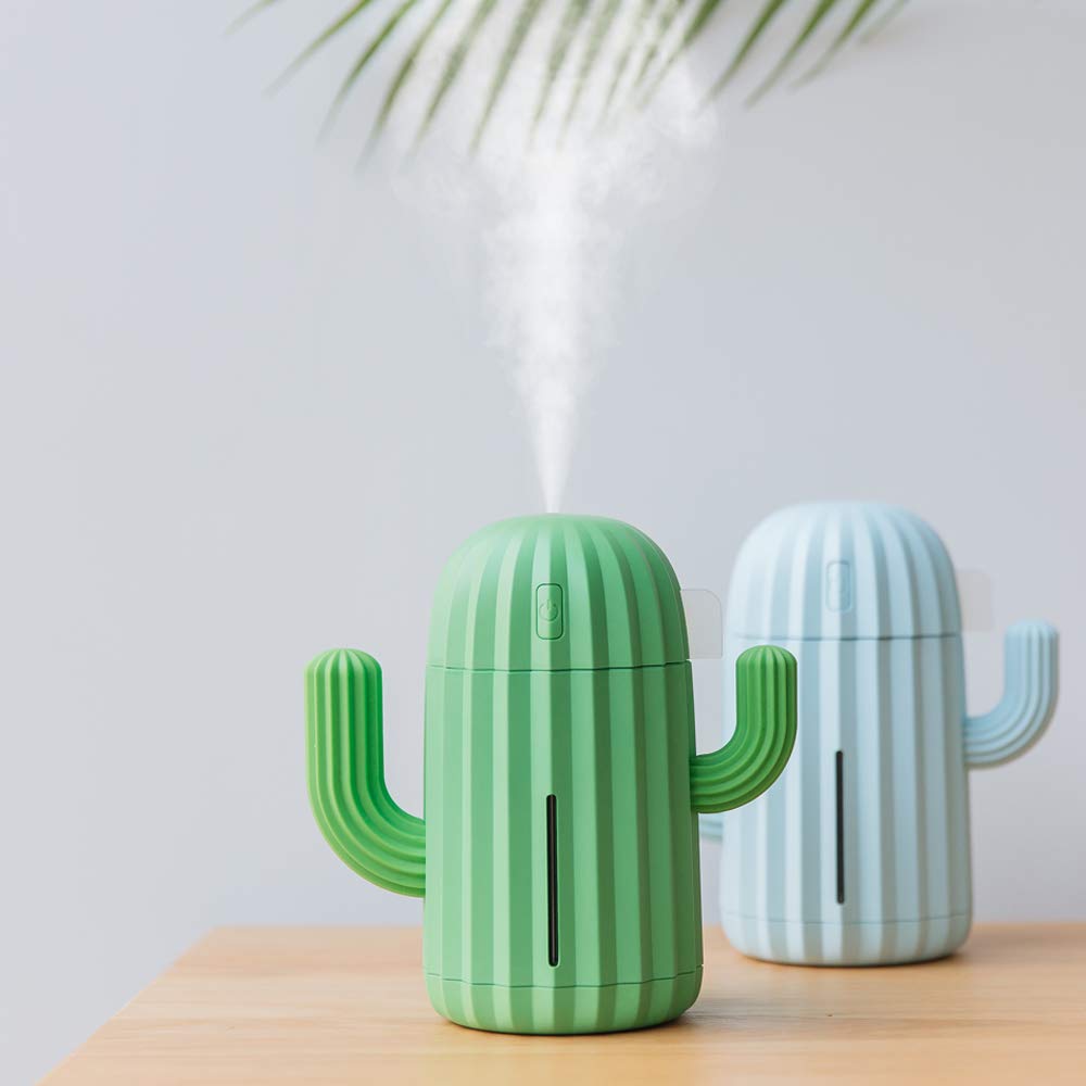 YINGJEE Mini Humidifier Single Room Humidifiers with Night Light Portable Cactus Air humidifier for for Yoga, Office, spa, Bedroom,Baby Room,Silica Gel Diffuser for tap Water only(Green)