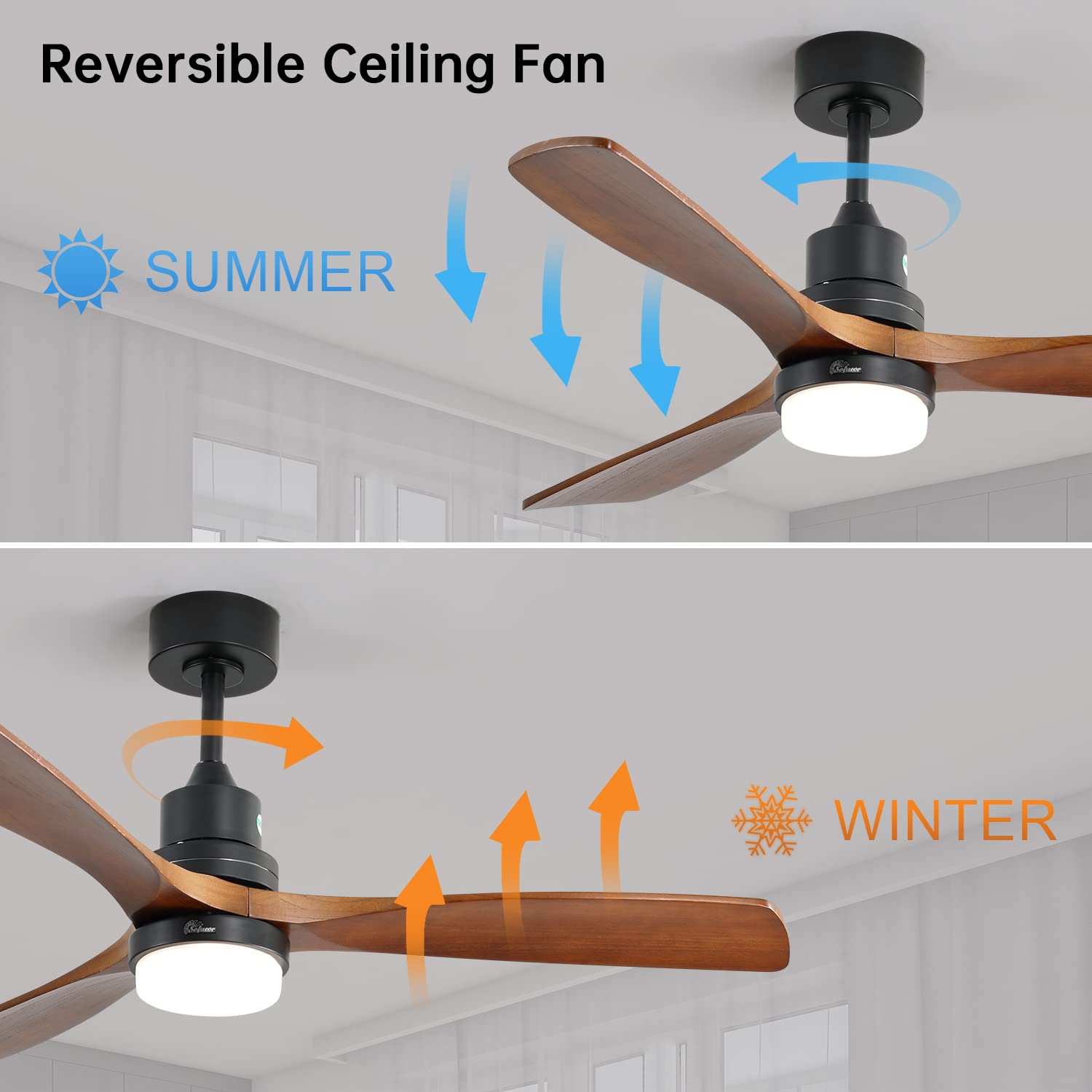 Sofucor 52 Inch Ceiling Fan with Lights Remote Control, Noiseless |Dimmable |6-Speed Outdoor Ceiling Fan with Light, Walnut 3 Blade Wood Ceiling Fan with Timer, Reversible DC Motor for Patio Bedroom