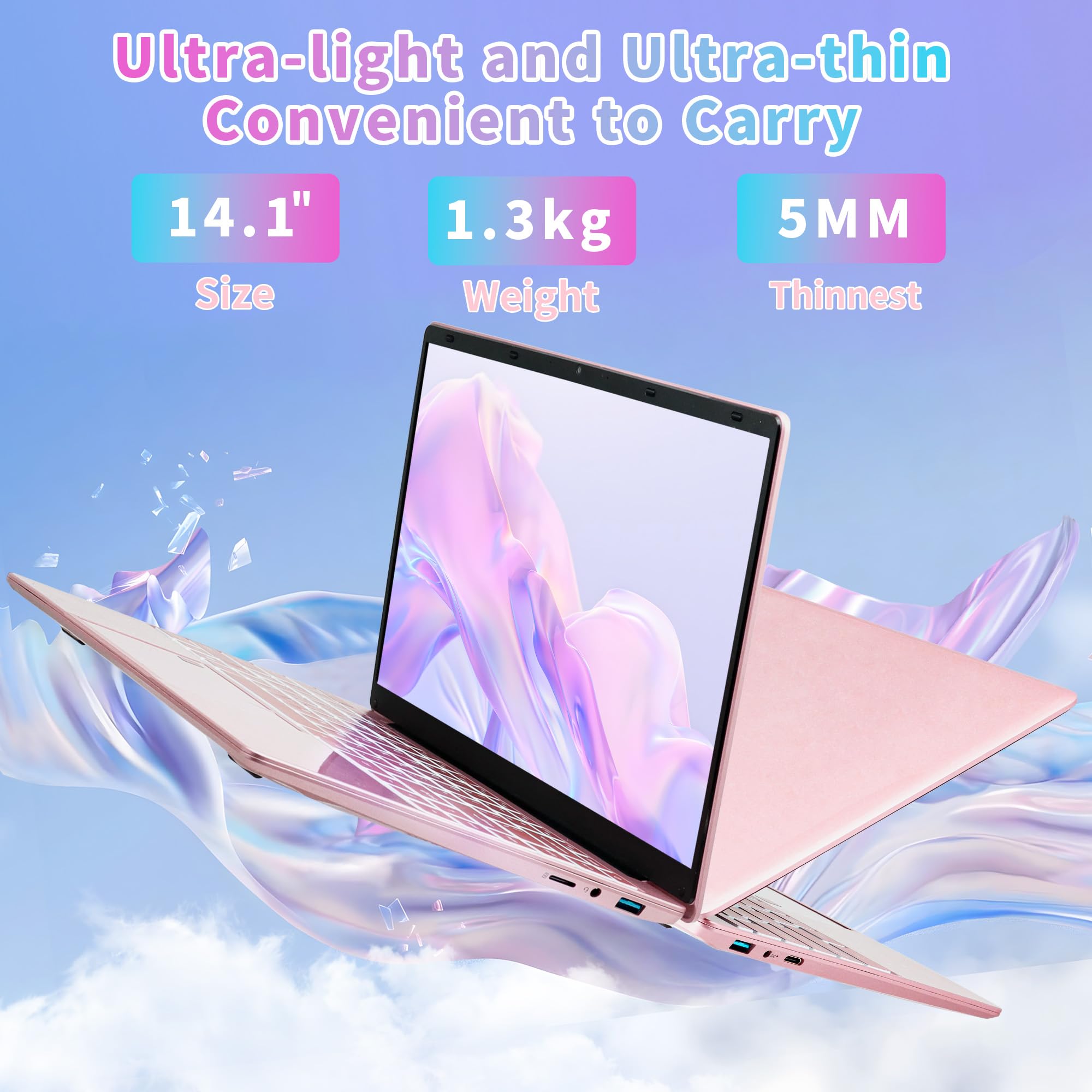 Rumtuk 【Win 11 Pro/Office 2019】4K Laptop 14'' Narrow Bezel UHD (3840x2160) IPS Display,Celeron N5095 CPU,16GB RAM,256GB SSD,Color Backlit KB,Fingerprint Reader,WIFI,Bluetooth,HDMI,Rose Gold(16G+256G)