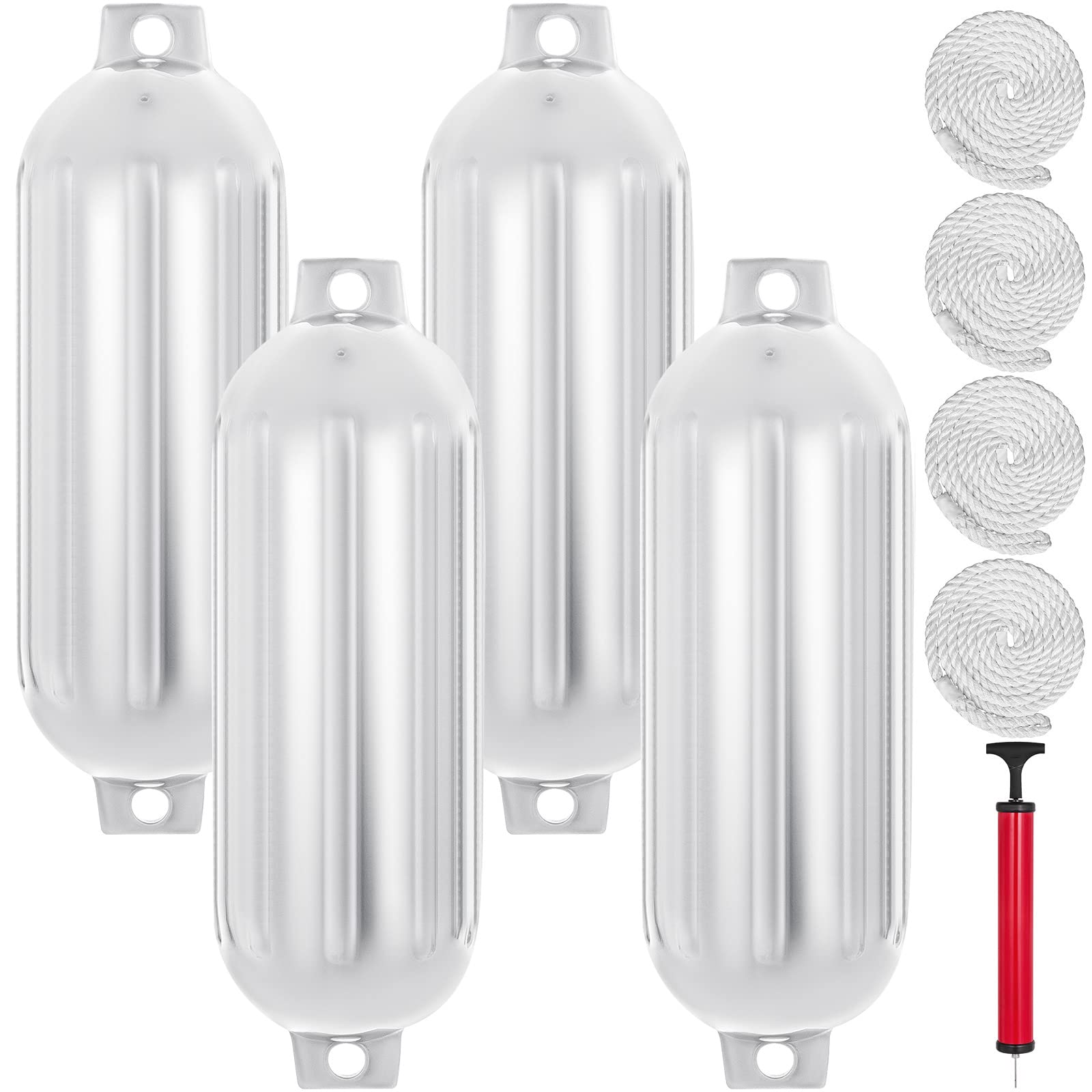 Vevor Boat Fender 8.5 x 27 Inches,Ribbed Twin Eyes Boat Fender Pack of 4 and Pump to Inflate (White, 8.5 x 27 inches) : Sports & Outdoors