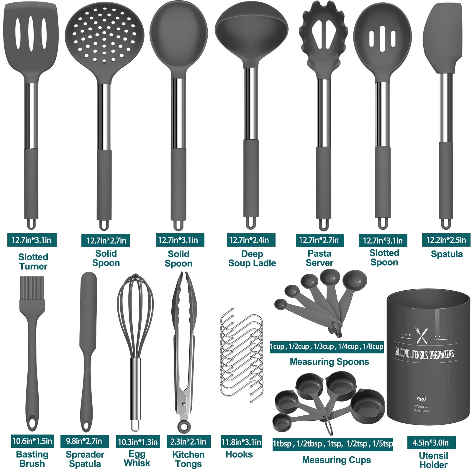 Silicone Kitchen Utensils Set Utensilios de Cocina Cucharas de Silicona Para Cocina 33Pcs Silicone Cooking Utensils Set for Nonstick Cookware Dishwasher Safe (Grey)