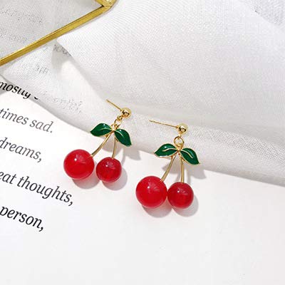yihan jewelry 18K Gold Plated Fruit Earring 3D Green Leaf Red Cherry Charm Tassel Drop Stud Earrings
