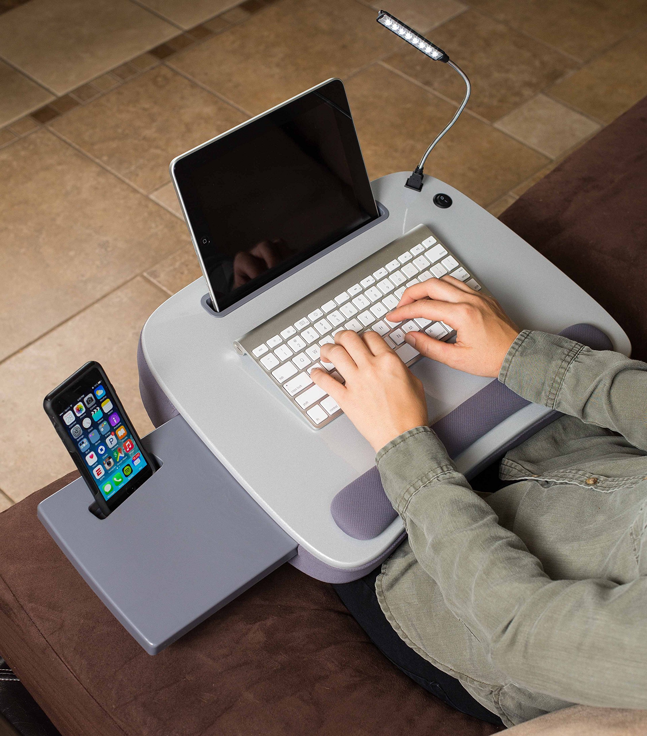 Sofia + Sam Multi Tasking Lap Desk with Memory Foam Cushion | Tablet and Phone Slots and USB Light | Fits Laptops Up to 15" | Tablets Up to 9.6" | Smart Phones Up to 4" | Silver | Wrist Rest