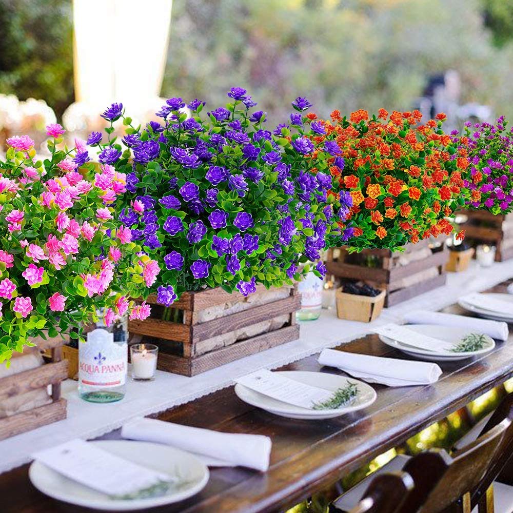 ZWYOQI 8 Bundles Artificial Flowers Outdoor UV Resistant Fake Plastic Plants Faux Greenery Shrubs Indoor Outside Hanging Planter Home Kitchen Office Wedding Garden Décor (Purple/8pcs)