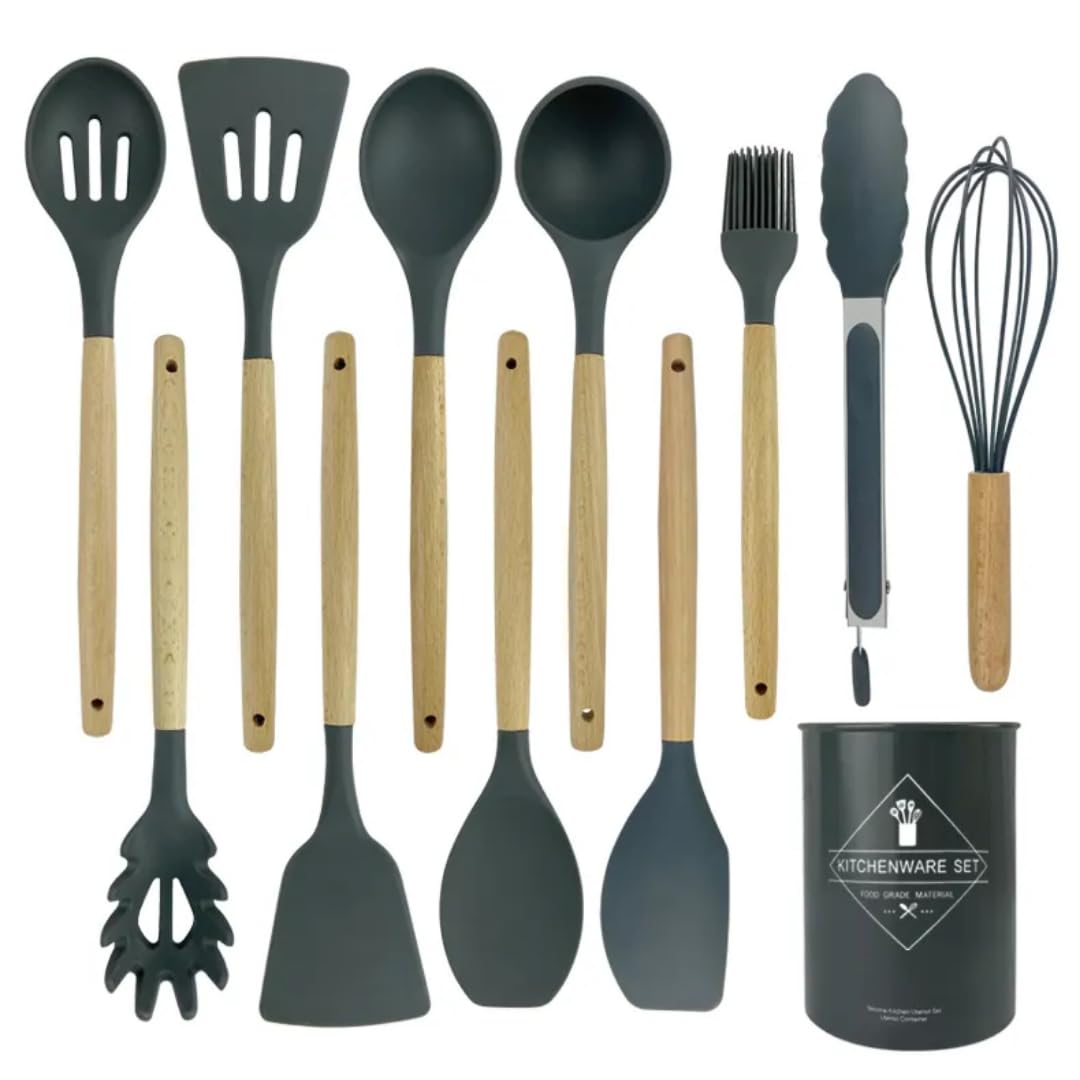 Silicone Kitchenware Cooking Utensils Set with Wooden Handle, Heat Resistant -12PCS: Turner Tongs,Spatula,Spoon,Brush,Whisk,Kitchen Utensil Gadgets Tools Set for Nonstick Cookware,(Grey)