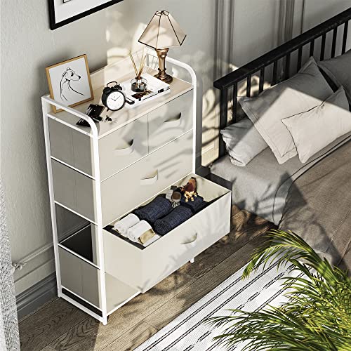 YITAHOME Fabric Dresser with 5 Drawers - Storage Tower with Large Capacity, Organizer Unit for Bedroom, Living Room & Closets - Sturdy Steel Frame, Wooden Top & Easy Pull Fabric Bins (Cream White)
