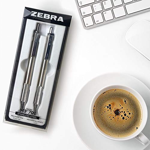 Zebra Pen M/F 701 Stainless Steel Mechanical Pencil and Ballpoint Pen Set, Fine Point, 0.7mm HB Lead and 0.8mm Black Ink, 2-Count Gift Set, Silver (10519)