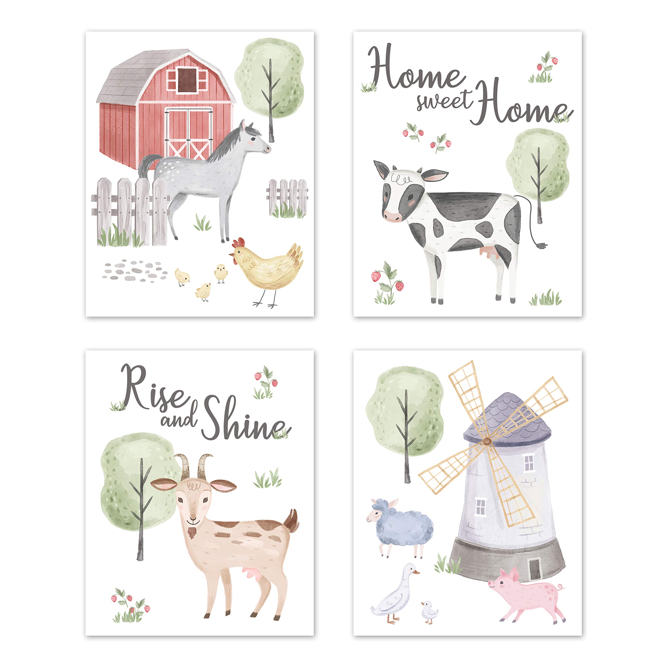 Sweet Jojo Designs Farm Animals Wall Art Prints Room Decor for Baby, Nursery, and Kids - Set of 4 - Watercolor Farmhouse Horse Cow Sheep Pig Home Sweet Home