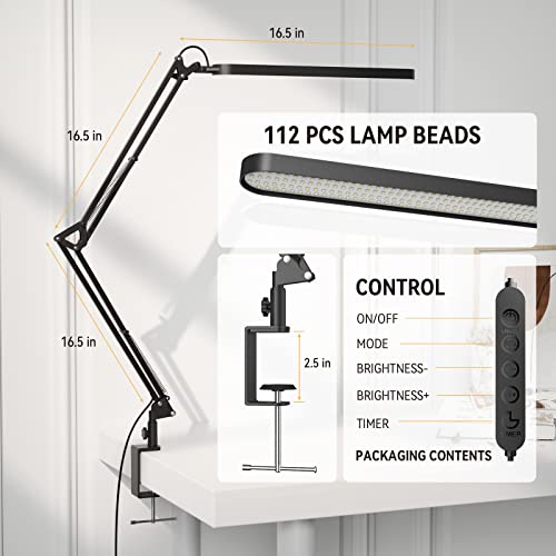 SKYLEO Desk Lamp for Home Office - 33" LED Desk Light - Touch Control - 5 Color Modes X 11 Brightness Levels - 1300ML(112 Pcs Lamp Beads) - Timmer & Memory Function - 12W Metal Clamp Lamp - Black