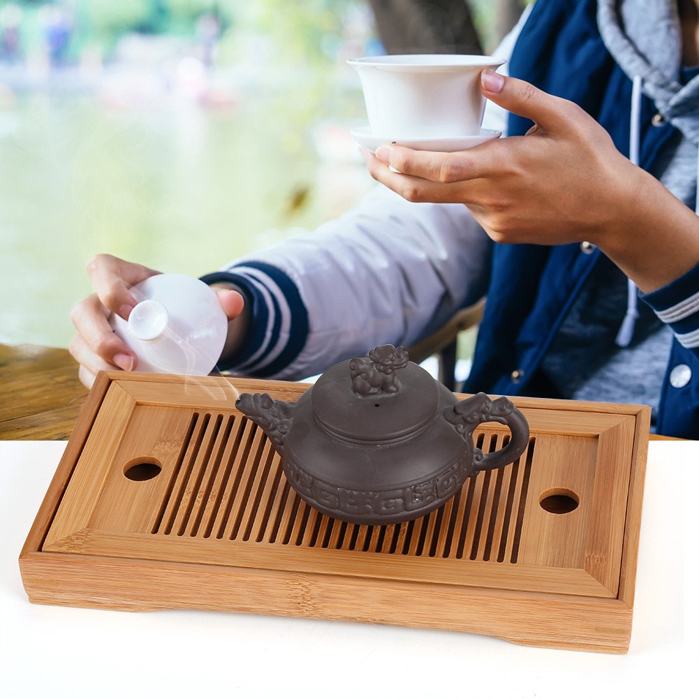 Zyyini Bamboo Tea Tray, Simple Tea Tray Premium Organic Multi-Functional Mini Bamboo Chinese Kongfu Tea Serving, Serving Tray Box Reservoir & Drainage Type for Teahouse