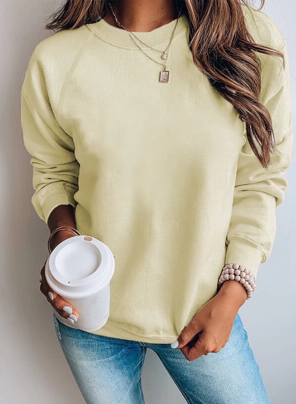 Zecilbo Womens Long Sleeve Crew Neck Sweatshirt Casual Solid Color Pullover