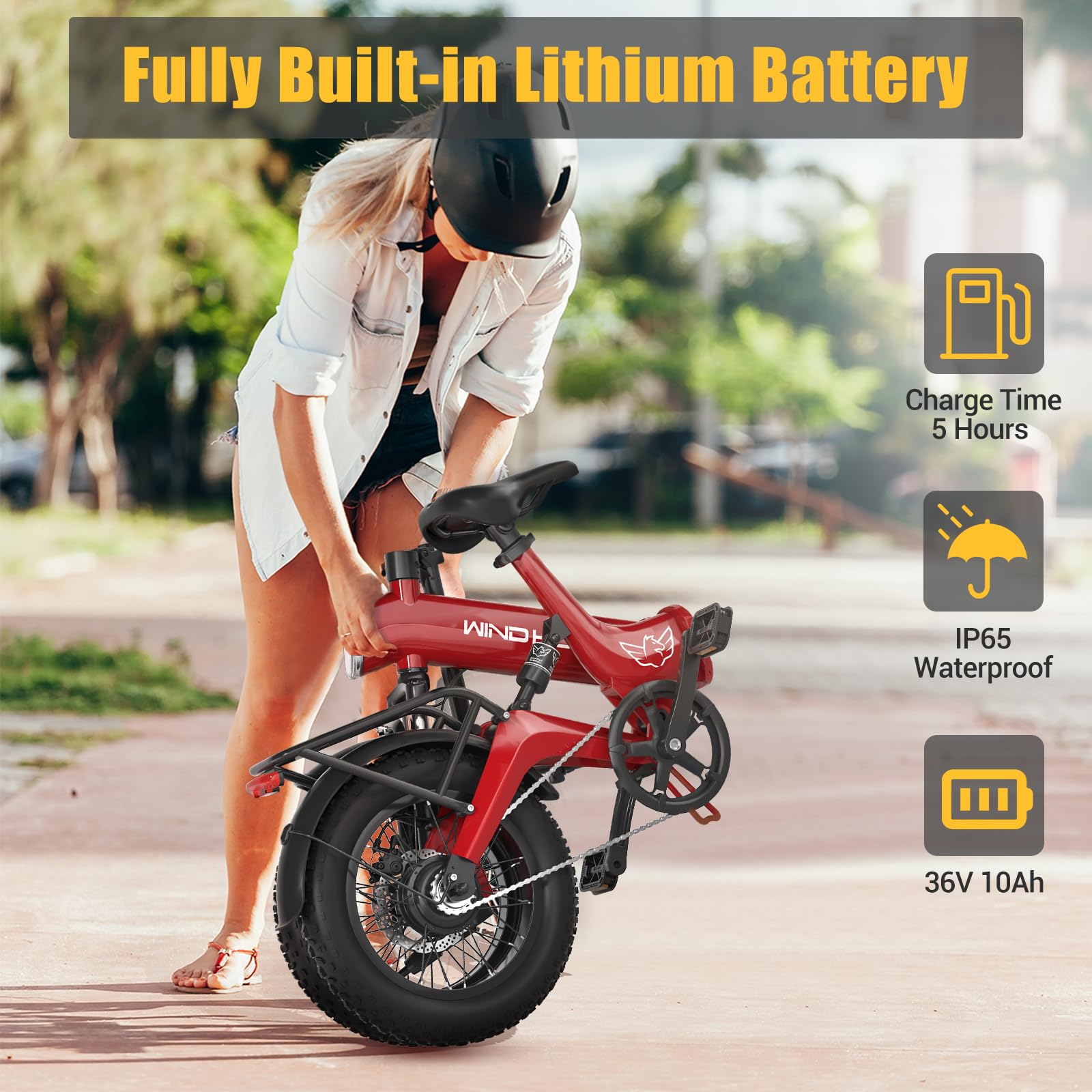 RIDWIND E-Bikes for Adults Electric, 16" Fat Tire Electric Bicycle, 20MPH Folding Ebikes with 36V Battery, APP Control, LED Display, IP67 Waterproof, Dumping Power Outage Snow Bicycle Electric