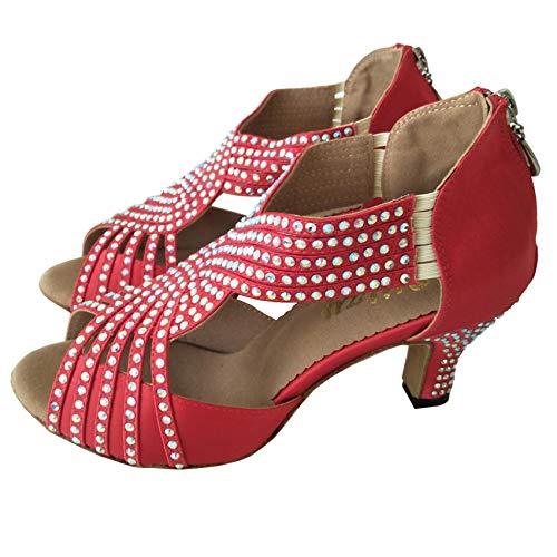 Womens Latin Salsa Dance Shoe 2.5 Inches Cuban Heel Open Toe Ballroom Sexy Evening Socials Indoor Soft Sole Party Dancing Sandals with Rhinestones (Red, Numeric_10)