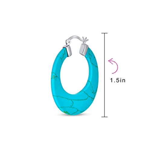 Wide Flat Blue Turquoise Gemstone Large Oval Hoop Earrings For Women Teen .925 Sterling Silver More Colors 1.5 Inch Diameter