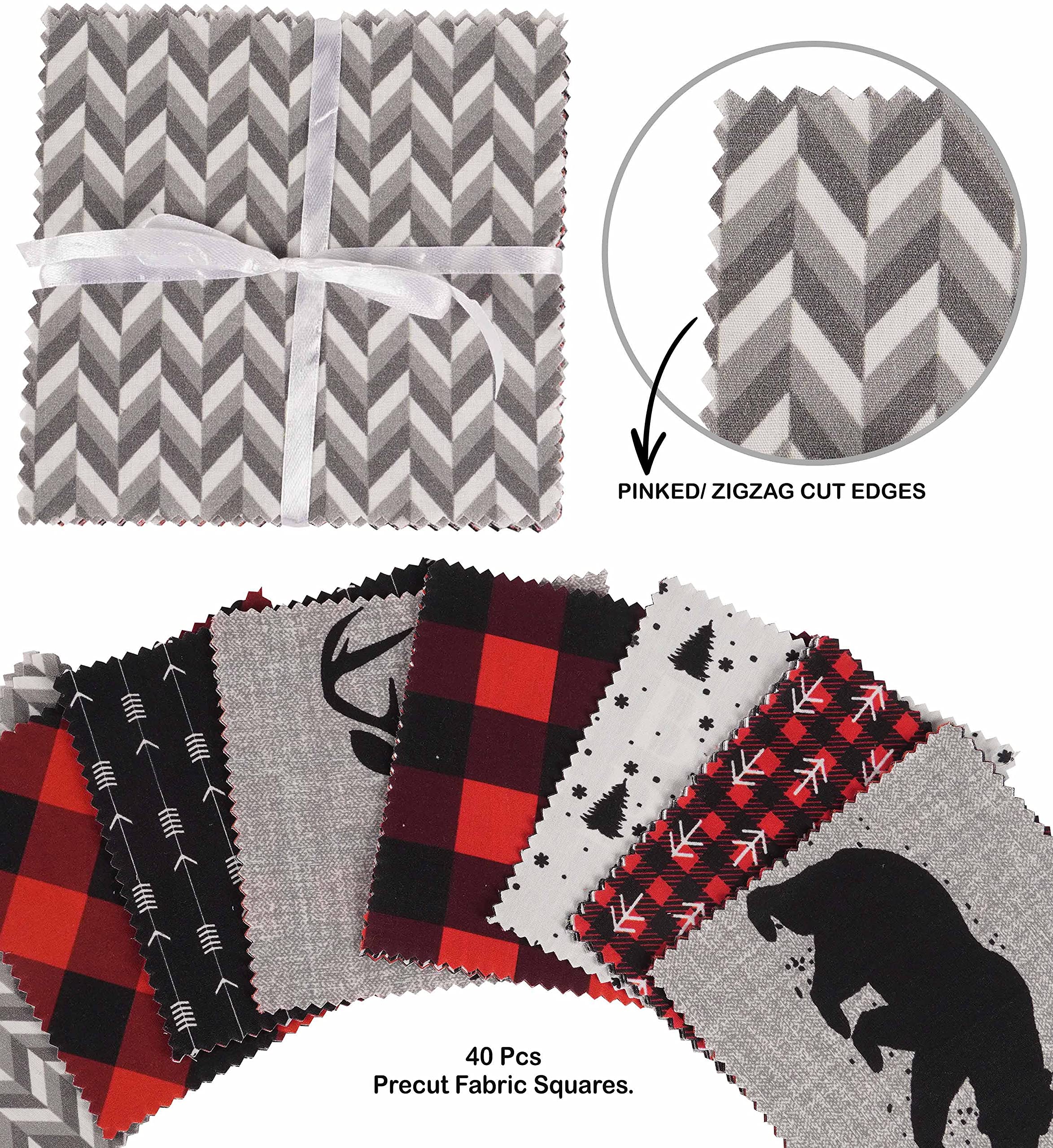 Soimoi Precut 10-inch Lumberjack Theme Prints Cotton Fabric Bundle Quilting Squares Charm Pack DIY Patchwork Sewing Craft- Red & Black