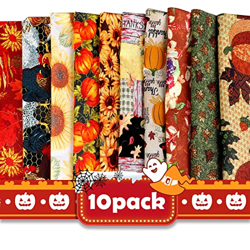 Souarts 10pcs Thanksgiving Fabric, 20x20inch/50x50cm Cotton Fabric Bundle, Squares Fabric Craft Sewing Quilting Patchwork Cloths, DIY Craft Pattern Square Fabric(Orange Thanksgiving,20inch/50cm)
