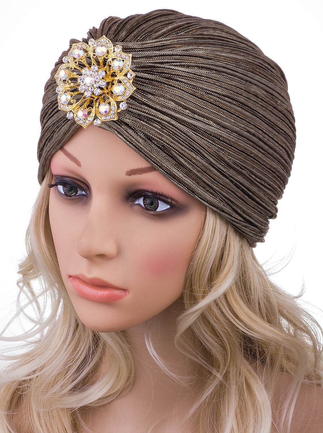 Vijiv Women's Vintage Lurex Knit Turban Beanie Hats Headwraps for 1920s Cocktail Party Gold