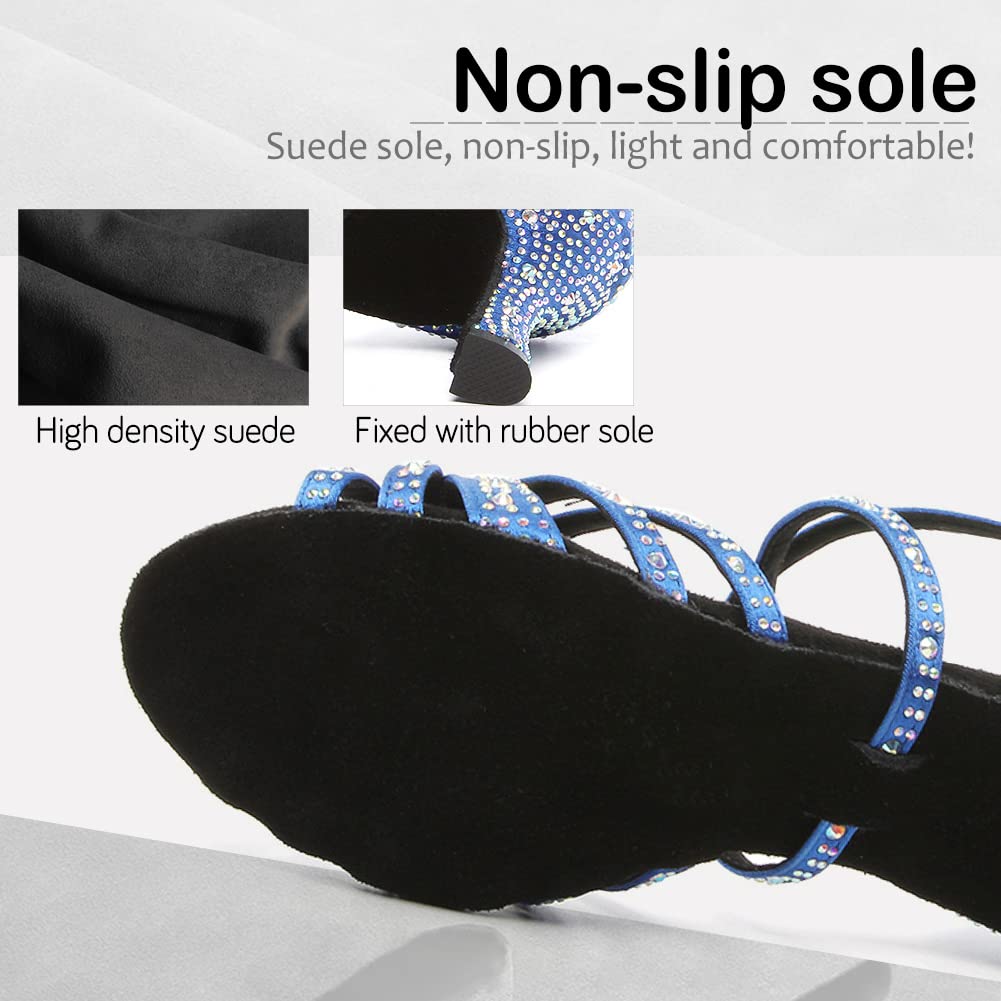 SWDZM Women's Rhinestone Dance Shoes Ballroom Latin Salsa Performance Practice Dancing Shoes,L377,Blue,Heel 3'',US 6.5