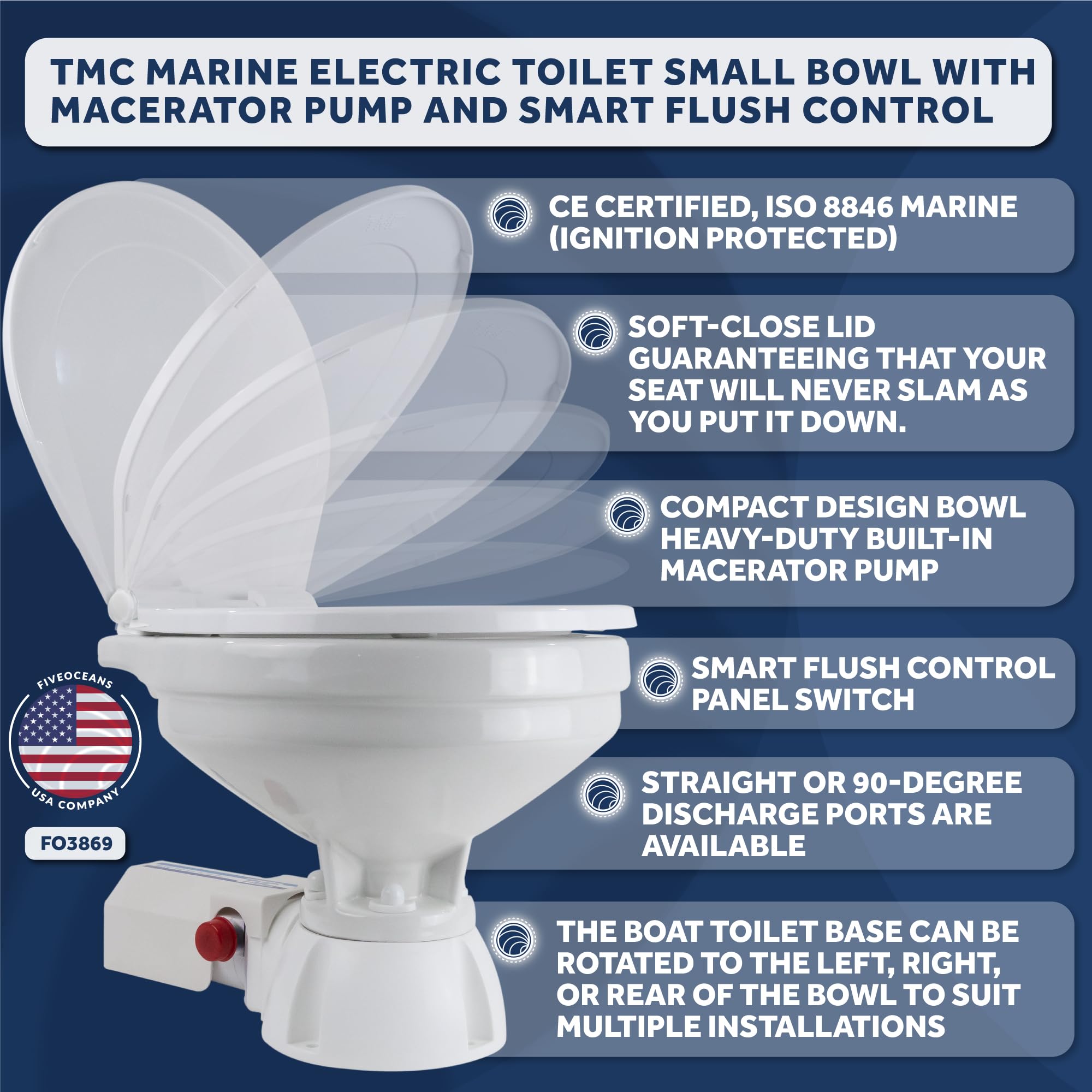 TMC Electric Marine Toilet, RV Toilet, Boat Toilet, Compact Design Bowl, Heavy-Duty Built-In Macerator Pump with Smart Flush Control Panel Switch, Features Quiet Soft-Close Lid, 12V DC - FO3869