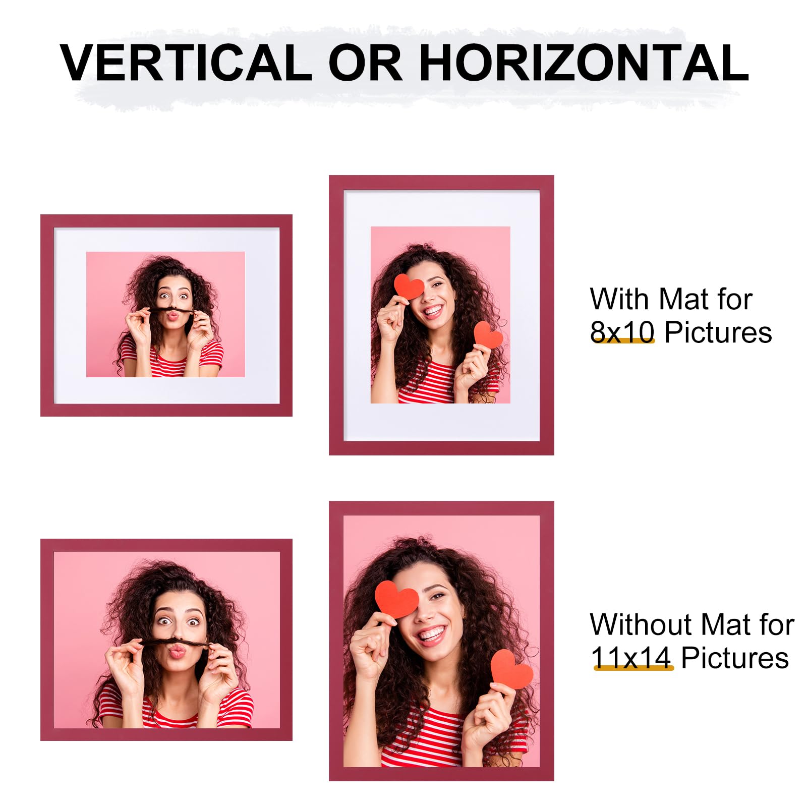 Vittanly 11x14 Picture Frame, Engineered Wood with Shatter Resistant Plexiglass, Display Pictures 8x10 with Mat or 11x14 without Mat, Poster Frame for Wall or Table Top Display, Red, 1 Pack