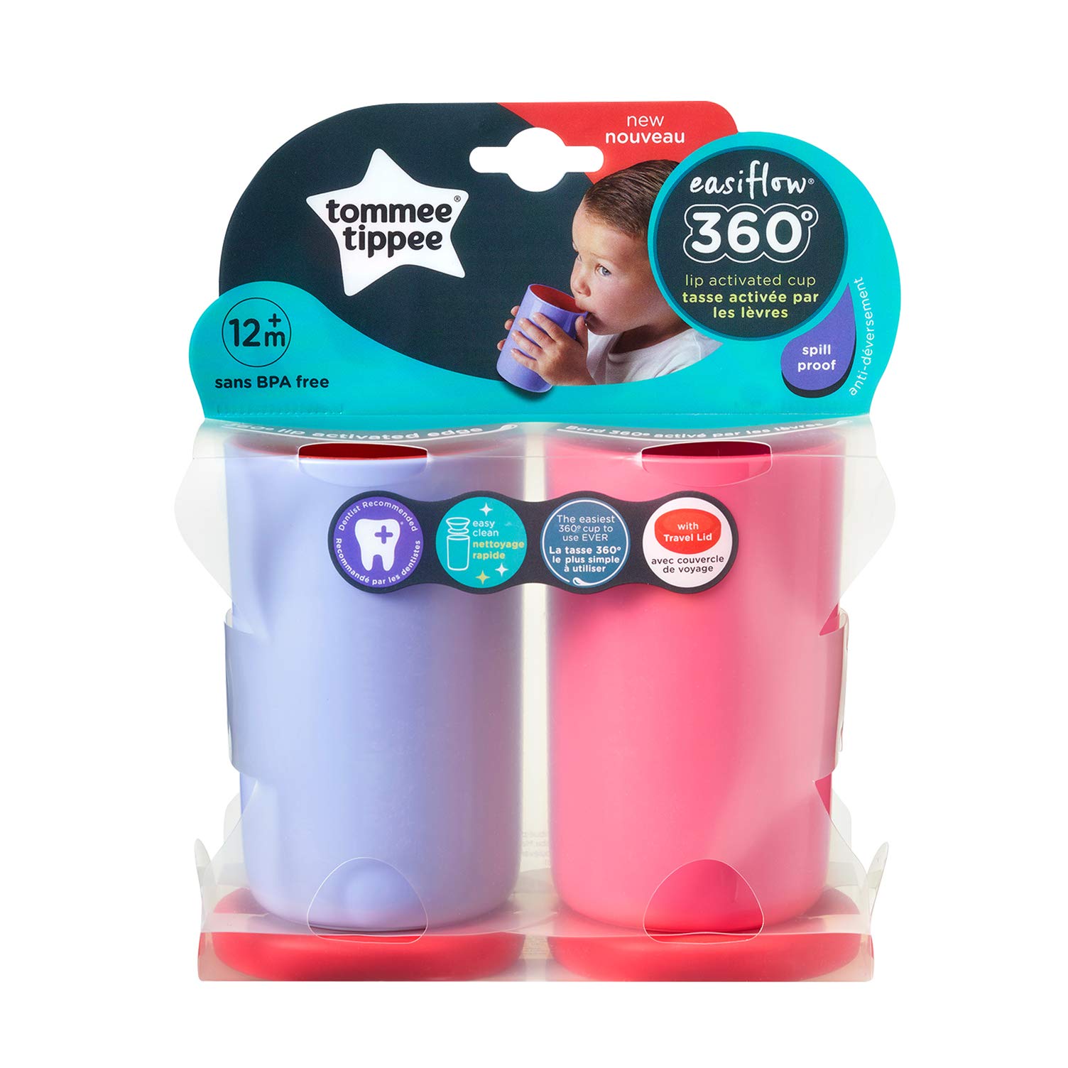 Tommee Tippee Easiflow 360° Spill-Proof Toddler Cup with Travel Lid, Lavender/Cherry, 12+ Months 2 Count (Pack of 1)