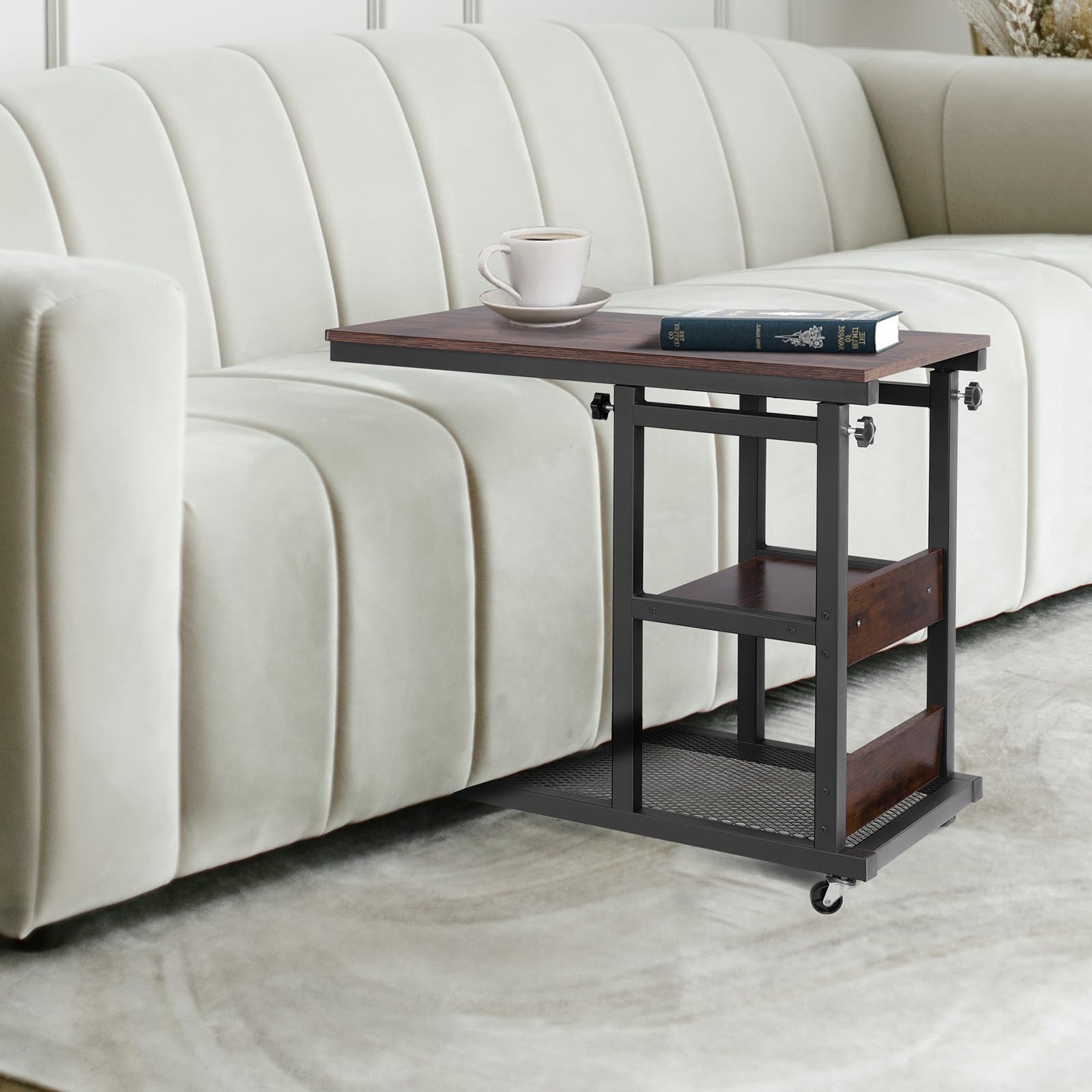 RUNTOP Height Adjustable Side Table, C Table with Wheels, Mobile Couch Snack Side Table, Sofa Bedside Laptop Stand C Shaped End Table TV Tray with Storage Shelves for Bed, Living Room, Bedroom, Brown