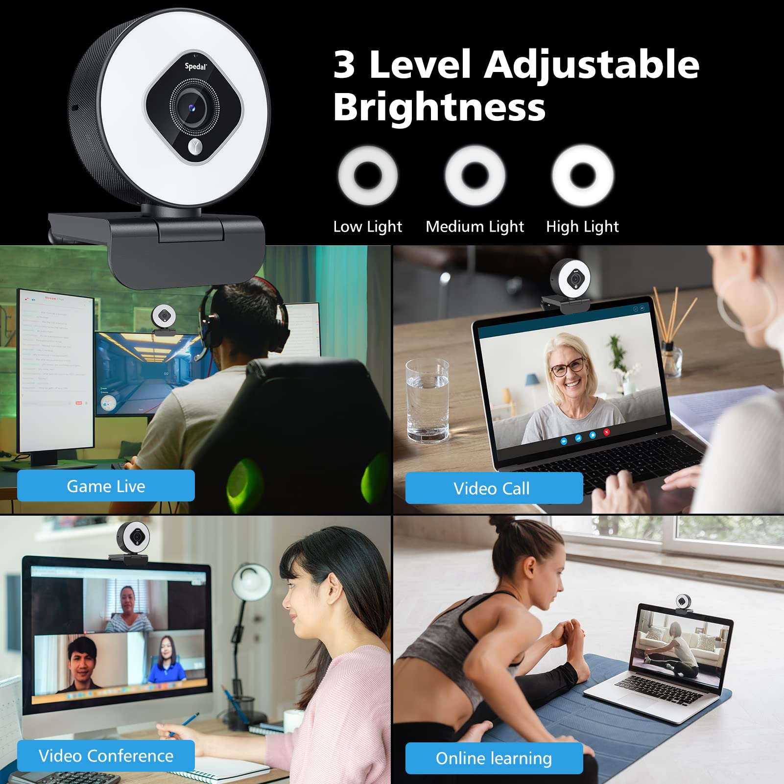 Spedal 1080P Webcam, Webcam with Microphone and Ring Light, HD Web Cam for Desktop PC Laptop, Web Camera with Tripod, Autofocus Streaming Camera for Gaming Online Learning Google Meet