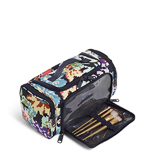 Vera Bradley Women's Recycled Lighten Up Reactive Large Travel Cosmetic Makeup Organizer Bag, Happy Blooms Cross-Stitch, One Size