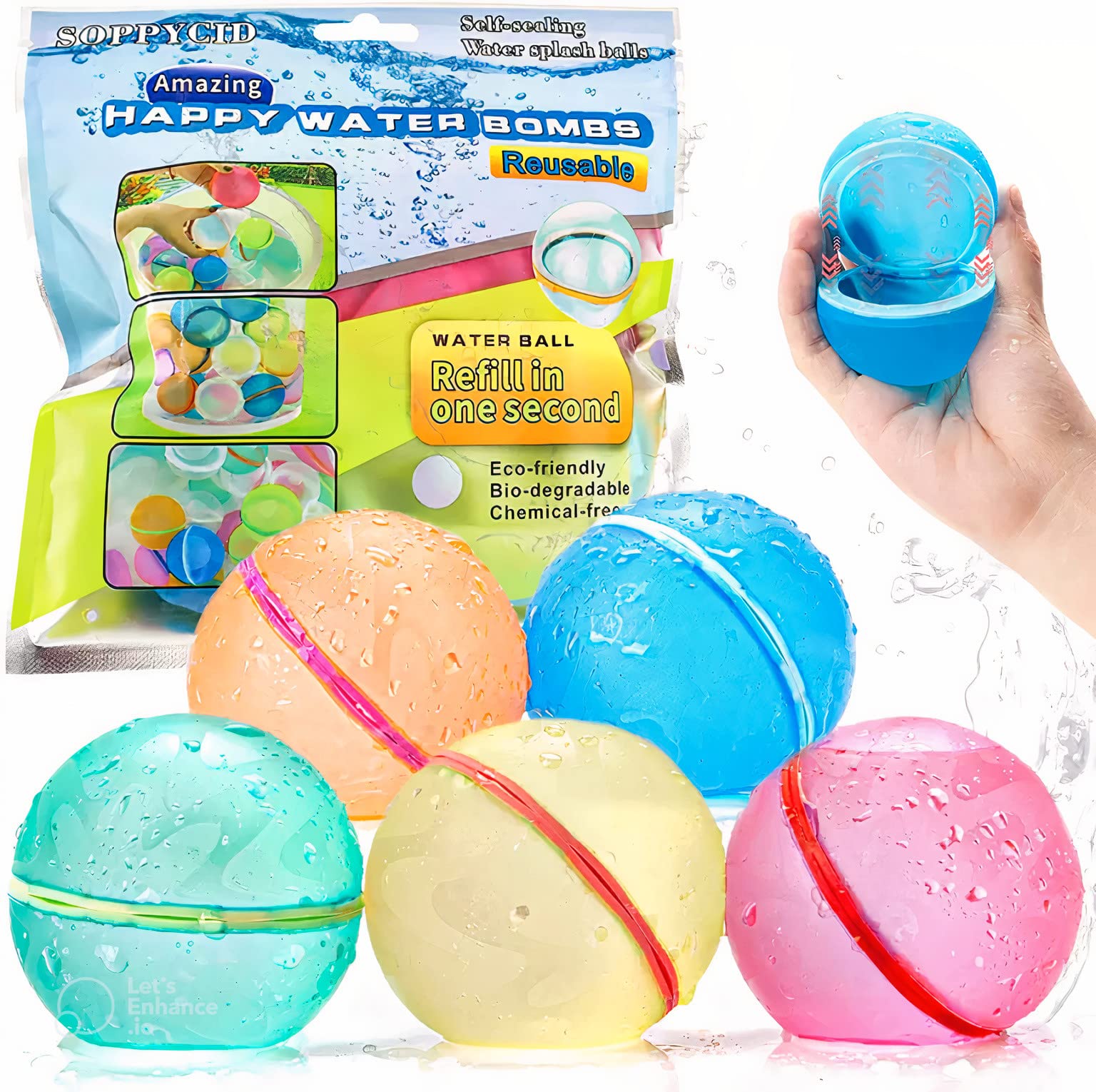 Summer Special: (5pcs) Reusable, Eco-friendly Water Balloons for Adults and Kids, Quick Fill and Self Sealing Party Balls, Multicolor