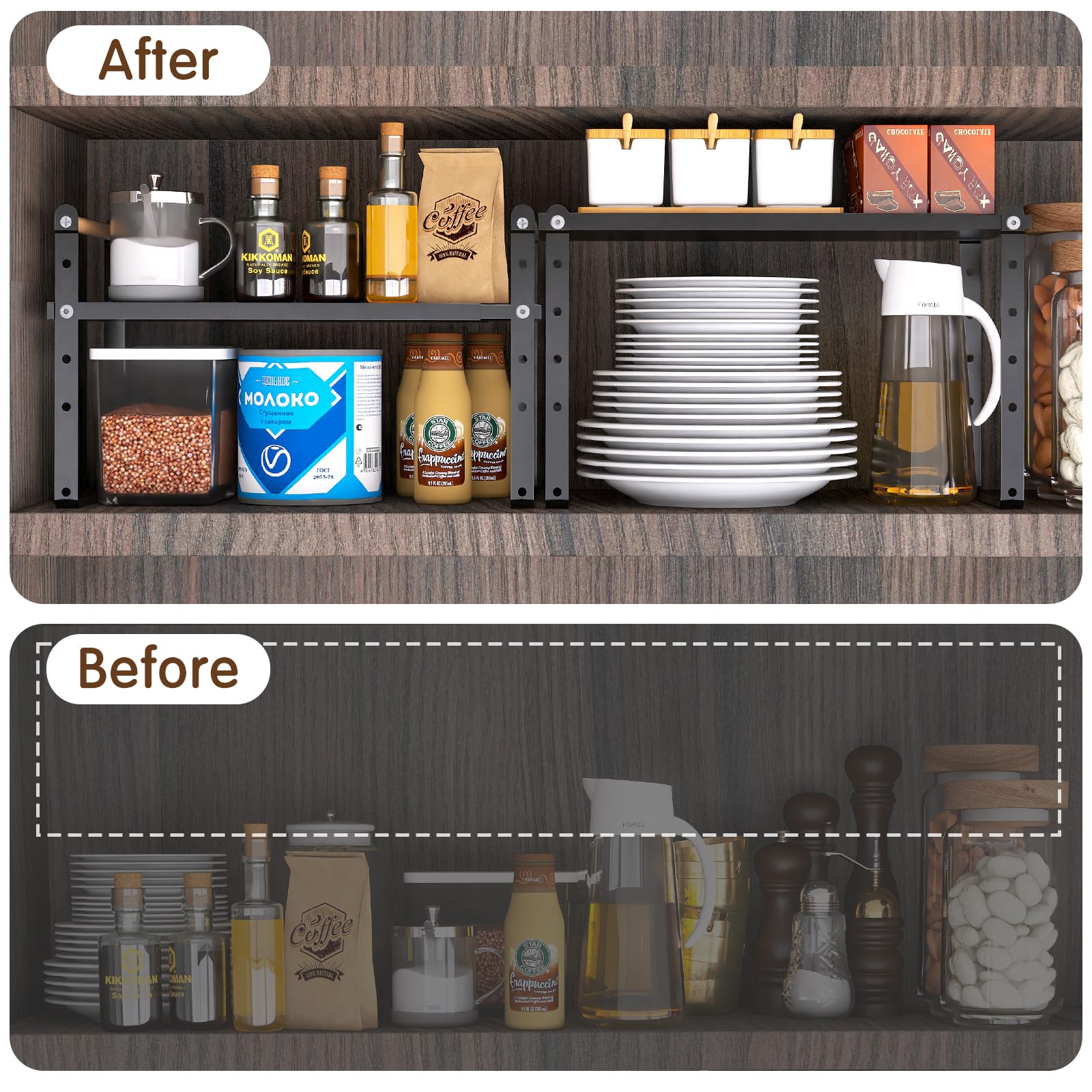 RUILALIFE Expandable Shelf Organizer For Kitchen Countertop,Adjustable Cabinet Shelf Organizers,Stackable Kitchen Counter Shelf Rack,Tiered Risers Shelves For Storage Pantry
