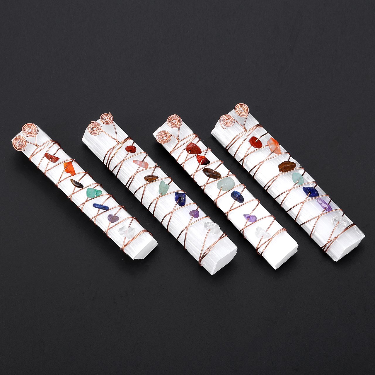 Top Plaza 7 Chakra Reiki Healing Crystal Copper Wire Wraped Raw Selenite Stick for Yoga Meditation Balancing(7 Chakra Chip Stone)