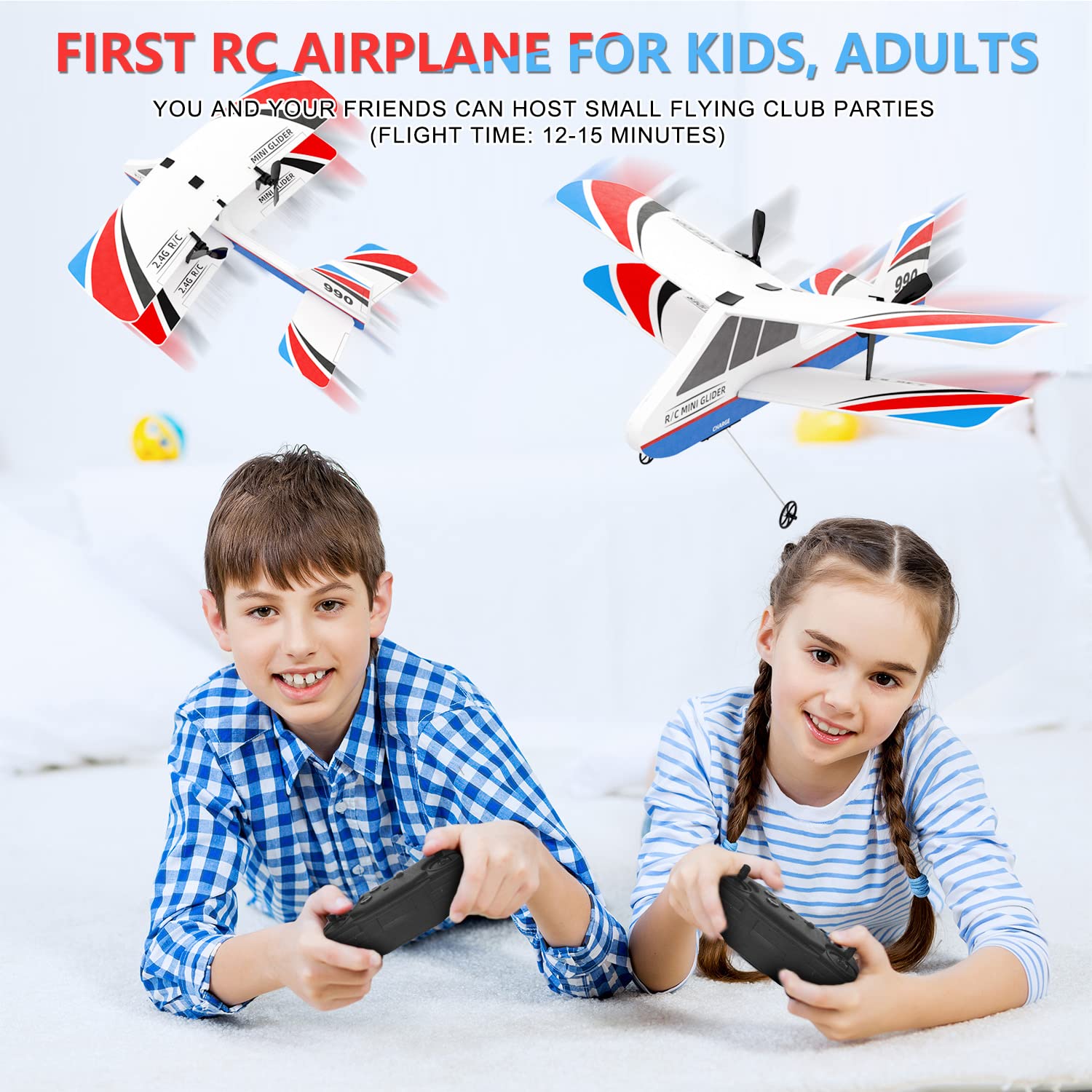 USHINING RC Planes for Kids, Remote Control Airplanes Indoor Outdoor 2.4GHz with Gyro DIY Easy to Fly RC Airplane with LED Light MPP RC Glider for Kids Beginners (White)