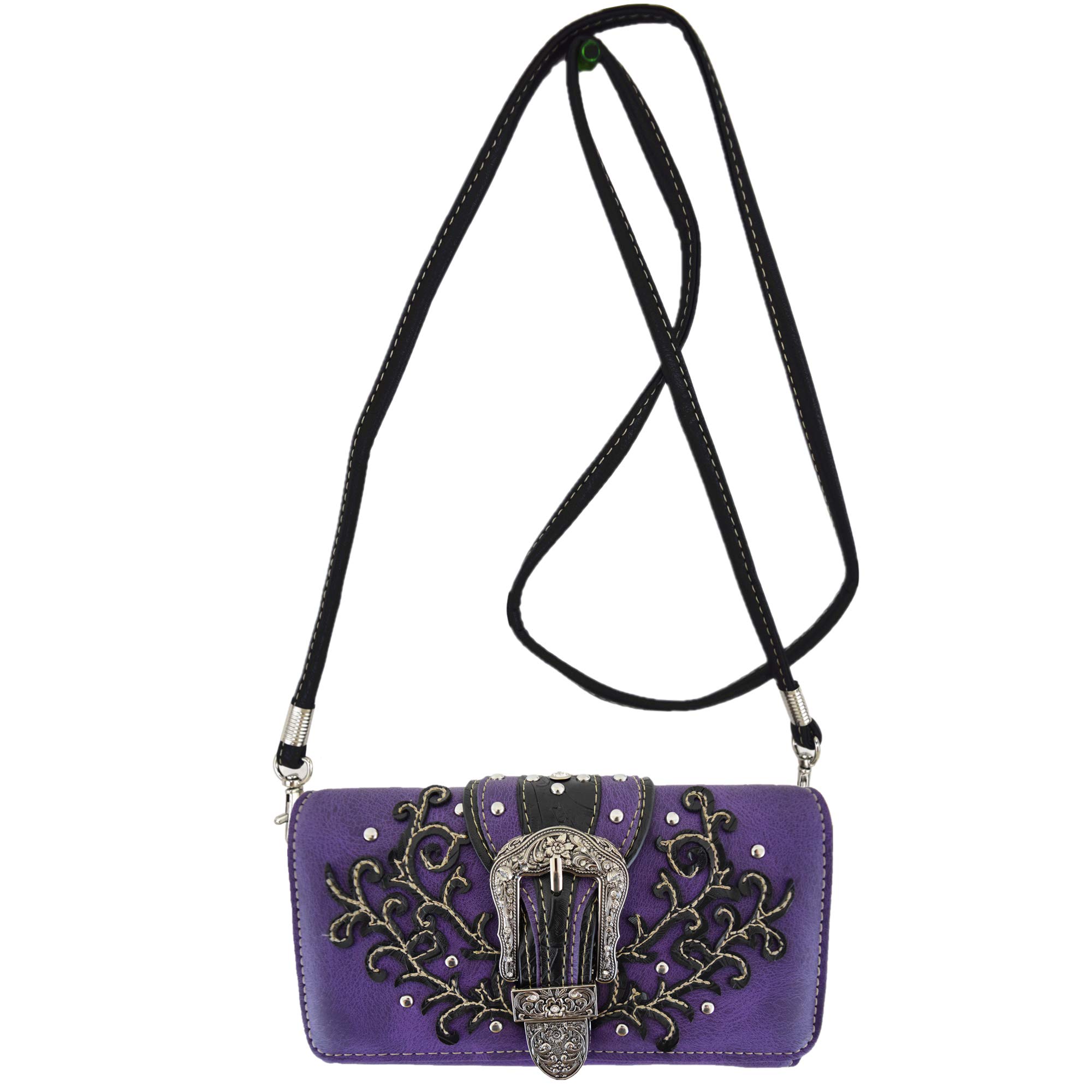 Western Style Tooled Leather Buckle Concealed Carry Purse Country Handbag Women Shoulder Bag Wallet Set (#4 Purple Set)