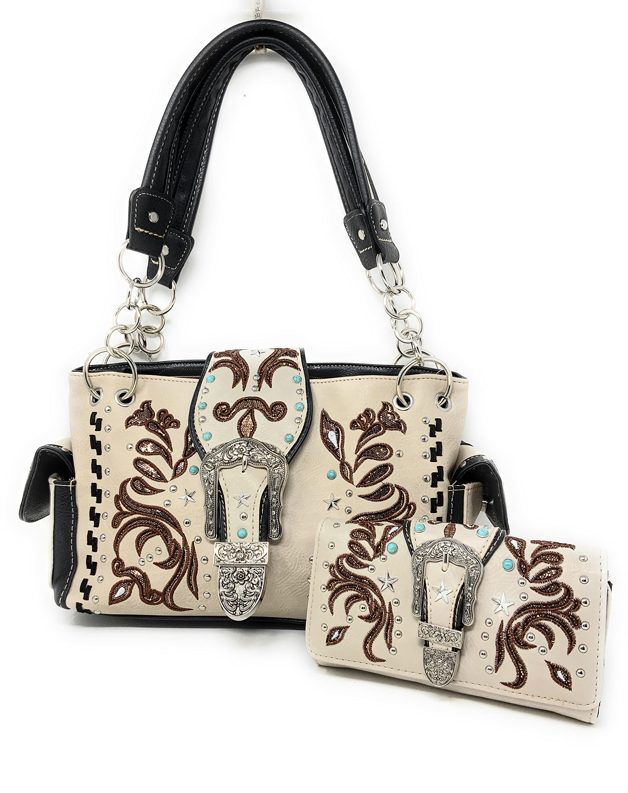 Western Women's Tooled Leather/Laser Cut Purse Buckle Concealed Carry Handbag and Wallet in 5 Colors (Brown Wallet only)