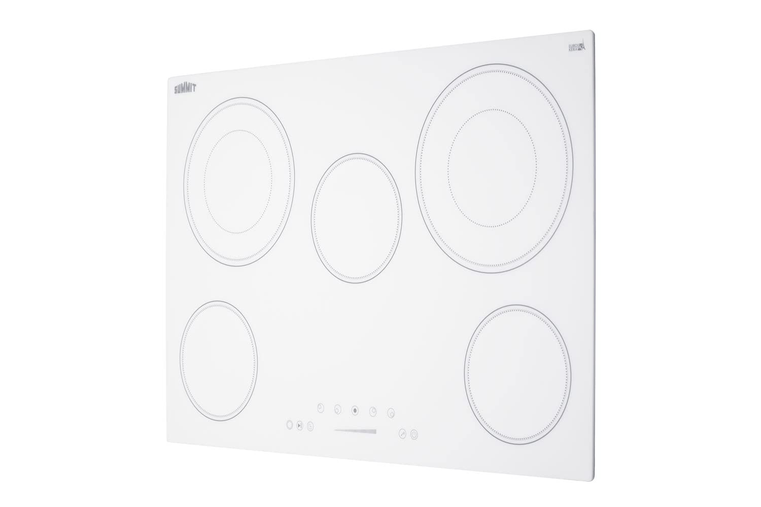 Summit Appliance CR5B30T8W 30" Wide 5-Burner Radiant Cooktop, White, Ceramic Glass Surface, Digital Touch Controls, 9 Power Levels, Programmable Timer, Residual Heat Indicator, 208-240v Operation