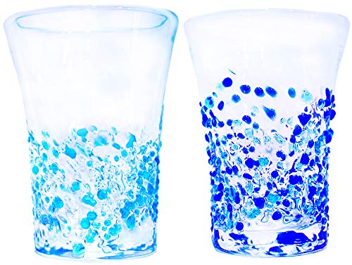 てぃだ工房 Tida Kobo Beer Glasses (Water/Clear, Blue/Water) φ2.8 inches (7 cm), Crushed, Pack of 2