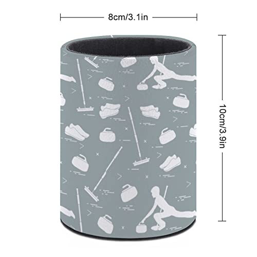 Winter Curling Sports Athlete Pen Holder PU Leather Pencil Cup Cute Desk Organizer Makeup Brush Box for Home Office