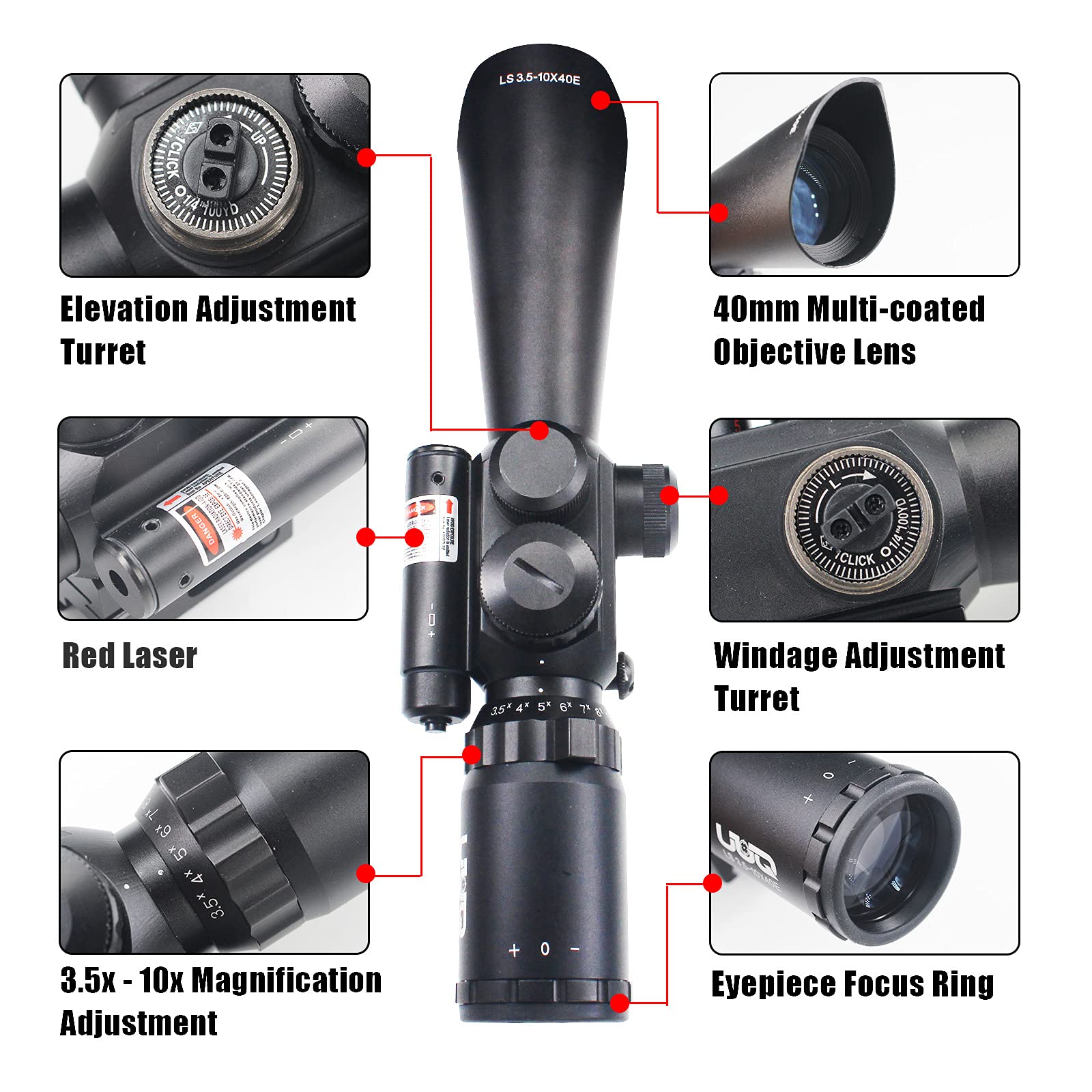 UUQ Tactical 3.5-10X40 Illuminated Red/Green Mil Dot Rifle Scope W/Red Laser Sight Fit 20mm Picatinny Rail
