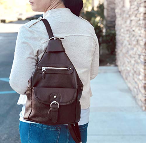 Roma Leathers Fashion Leather Backpack - Premium Brown Cowhide Leather - Buckle Front Closure - Metal Zipper Hardware - Convertible Shoulder Straps - Multi Pocket Shoulder Bag - Designed in U.S.A.