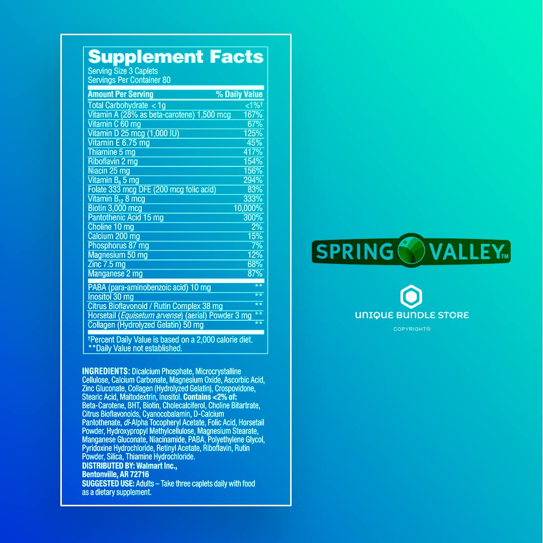 Unique Bundle Store Spring Valley, Hair Skin and Nails Vitamins, Caplets Dietary, Supplement, 240 Count + 7 Day Pill Organizer Included