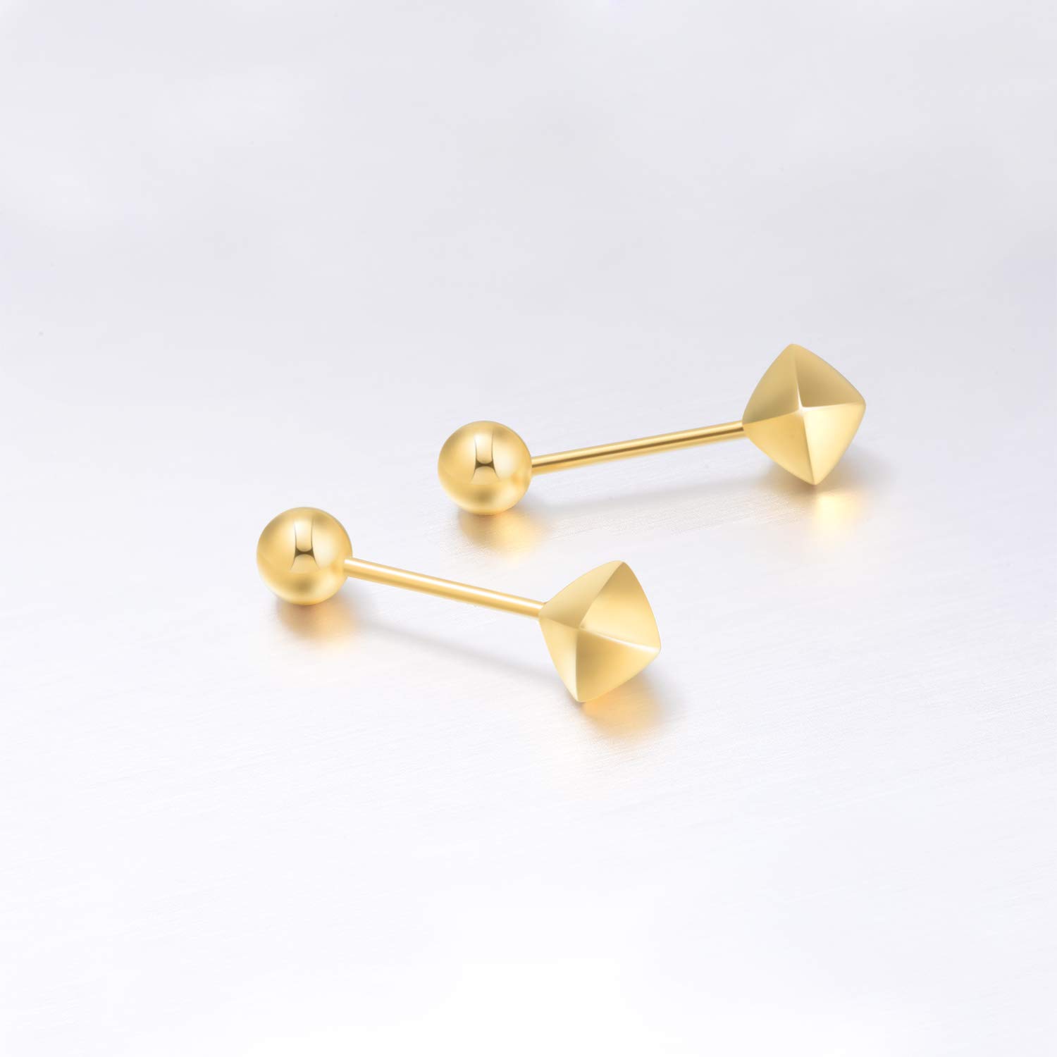 Solid 18k Gold Square Earrings for Women with Ball Screw Back, Real Yellow Gold Double Sided Stud Earrings Jewelry Gift for Her