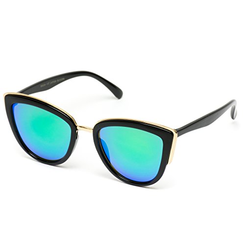 WearMe Pro Womens Cat Eye Mirrored Reflective Lenses Oversized Cateyes Sunglasses (Black/Mirror Green, 54)