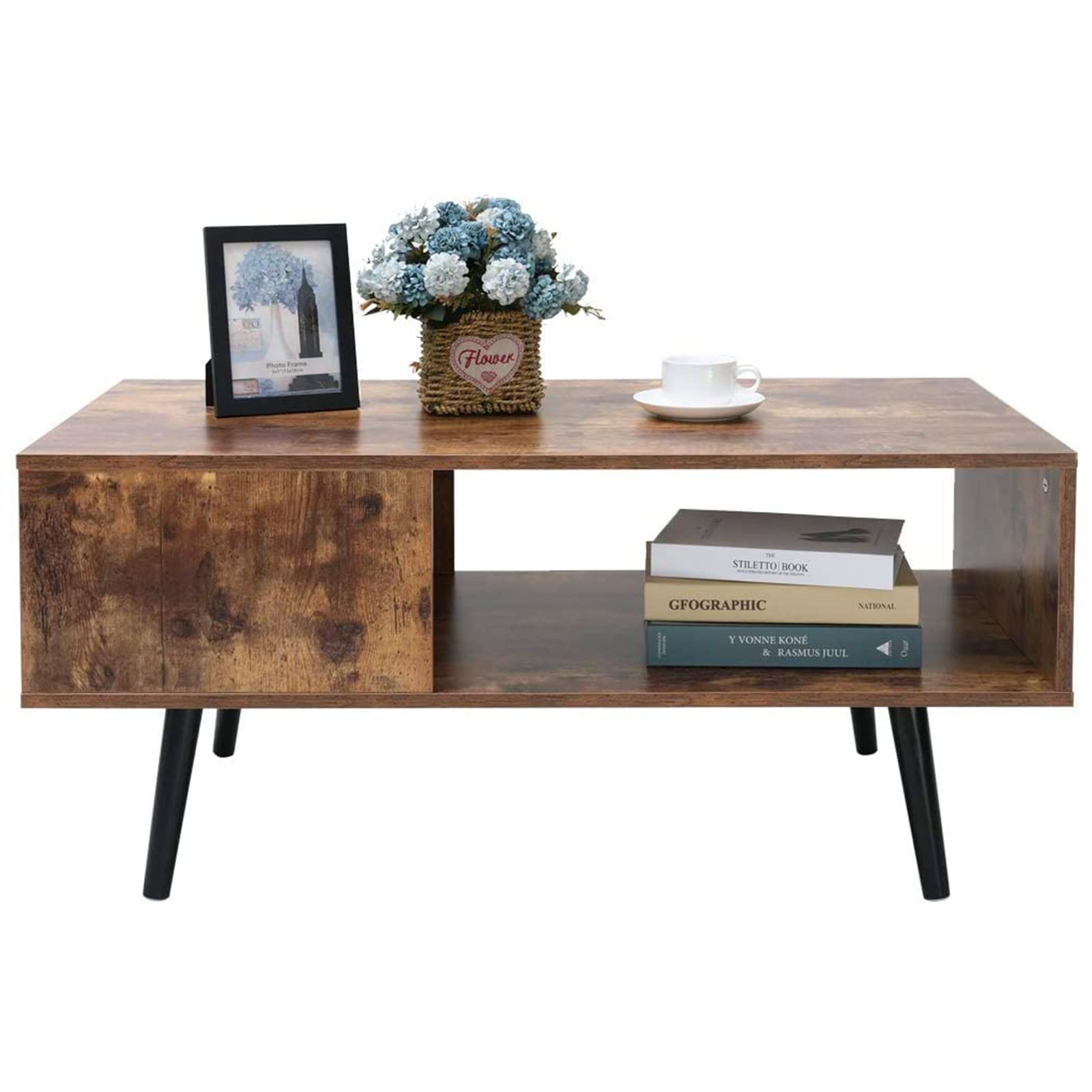 usikey Wooden Coffee Table, Mid-Century Coffee Table with Storage Open Shelf, Accent Cocktail Table for Living Room, Reception, Rustic Brown