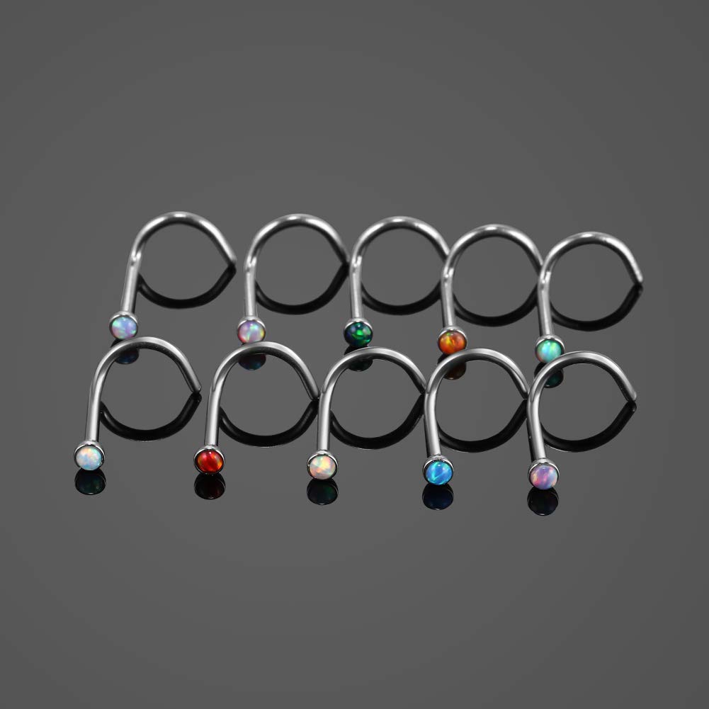 Xpircn 10PCS Nose Rings 20G Stainless Steel Opal Nose Studs Nose Screw Rings Ear Tragus Cartilage Nose Piercing Jewelry 2mm