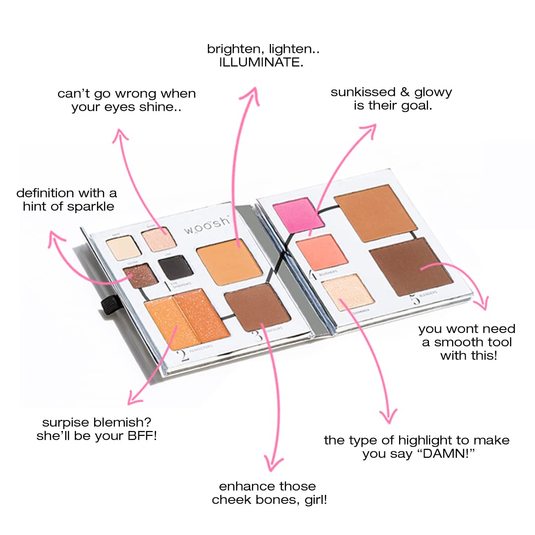 Woosh Beauty, Fold Out Face Palette w/Secret Brush, Travel All in One Neutral Cream & Powder Kit, 4 in 1 Nested Makeup Brush (#3 Medium)