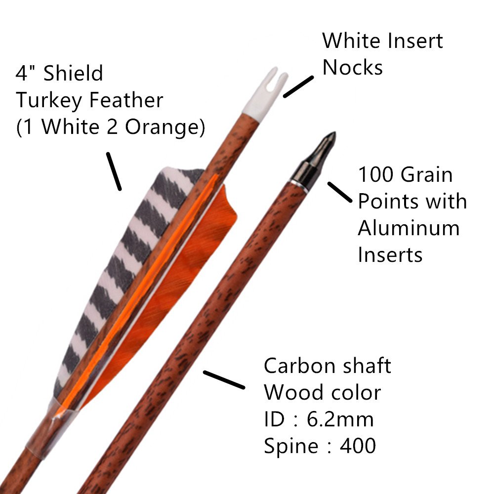 Turkey Feather Carbon Arrows Spine 400 Archery Arrows for Recurve Bow Screw in Tips 30 inch (12pcs)