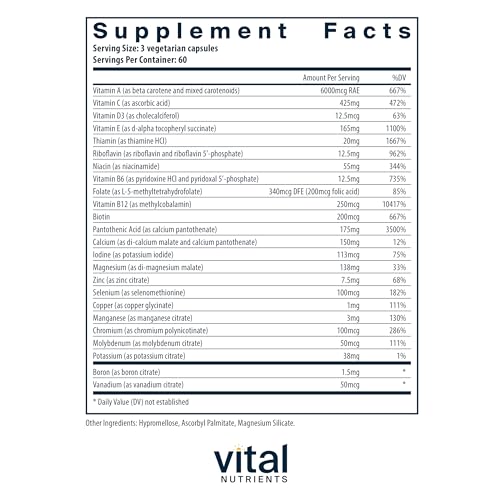 Vital Nutrients - Multi-Nutrients 2 - Citrate/Malate Formula (with Copper and without Iron) - Multi-Vitamin/Mineral, Potent Antioxidants, Gentle Bioavailable Form - 180 Vegetarian Capsules per Bottle
